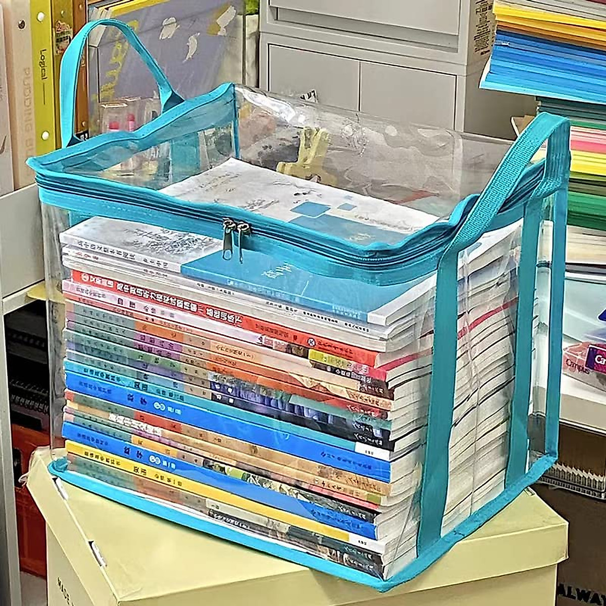 LucaSng Clear Zippered Storage Bags, Foldable Book Storage Case Travel PVC Organizer (A-Blue)