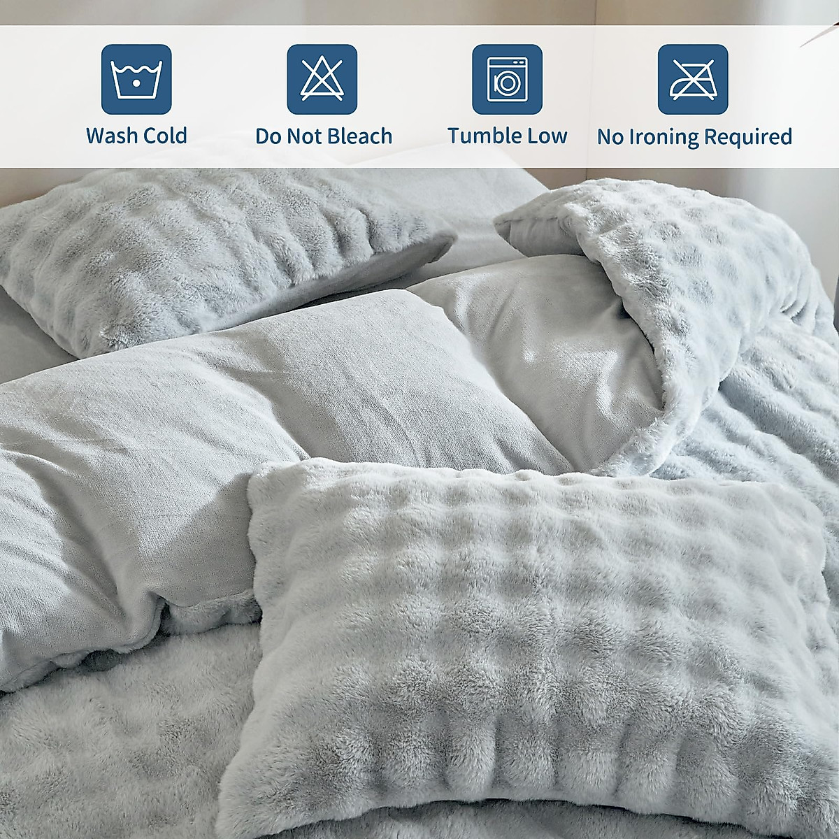 Tokokimo Grey Fluffy Comforter Cover Queen Set, Faux Rabbit Fur Duvet Cover Set 3 Pieces (1 Shaggy Duvet Cover+2 Pillowcases) Fuzzy Grey Bedding Set (Grey, Queen)