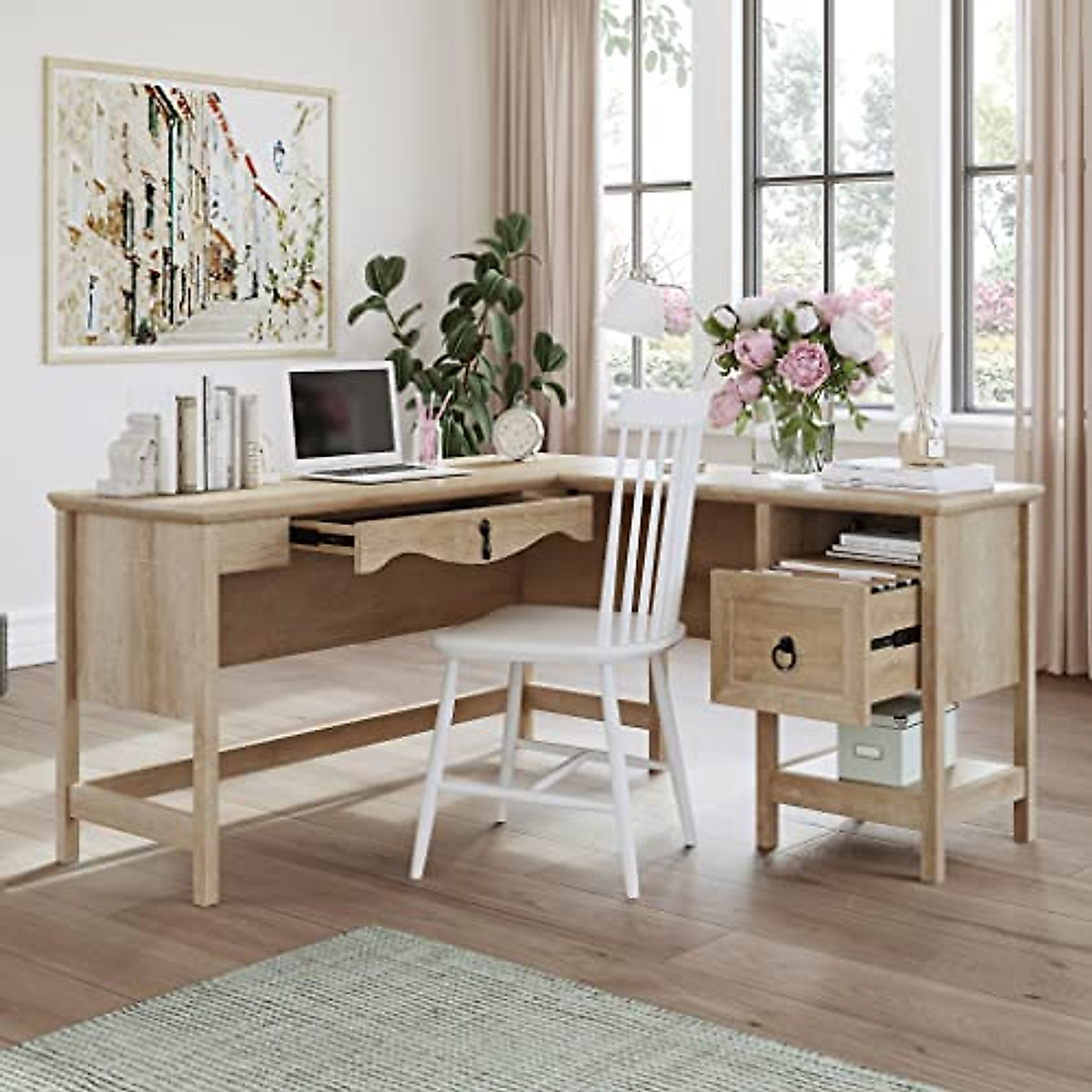Sauder Adaline Cafe L-Desk, L: 59.65" x W: 59.65" x H: 29.92", Orchard Oak Finish