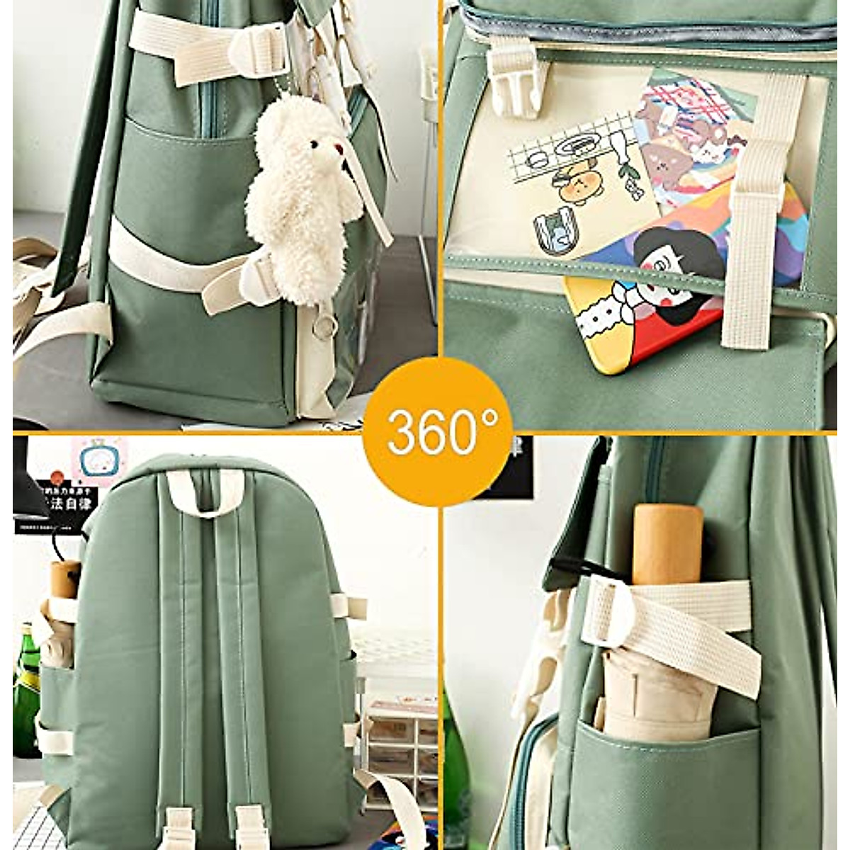 Skyearman 4 PCS Backpack Combo Set with Bear Pendant Canvas Kawaii School Bag Sets with Pencil Box Lunch Box Bag (Green)
