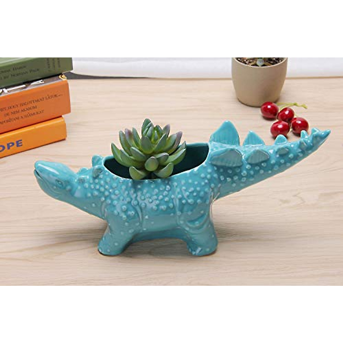 VanEnjoy 12 inches Cute Cartoon Dinosaur Ceramic Succulent Planter, Water Culture Hydroponics Bonsai Cactus Flower Pot,Air Plant Vase Holder Desktop Decorative Organizer (Stegosaurus, Blue)