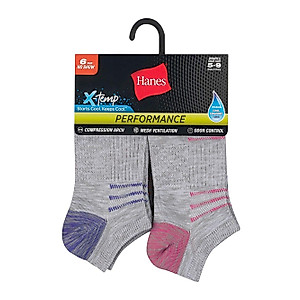 Hanes womens Performance Cool Compression No Show 6 Pair Pack Casual Sock, Grey/Purple/Pink Design, 5 US