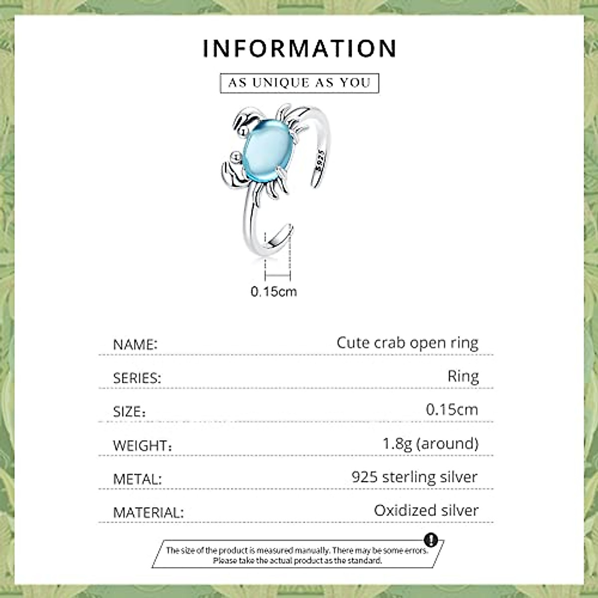 Cute Crab Sterling Silver Open Statement Rings for Women Blue Diamond Crystal CZ Wedding Engagement Ring Eternity Promise Band Adjustable Finger Bands Lovely Jewelry