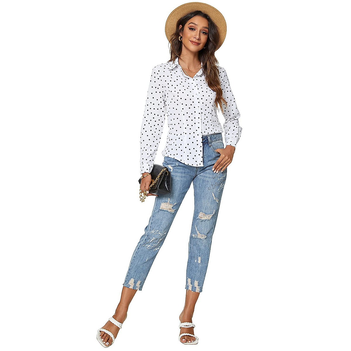 Atnlewhi Women Basic Long Sleeve Button Down Shirts Simple Pullover, Polka Dot/White, M