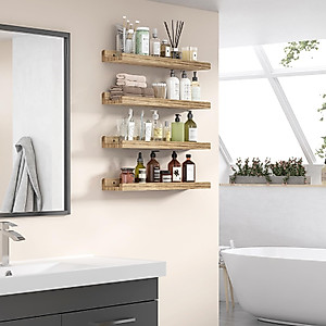 Fixwal Floating Shelves, 24 Inch Rustic Wood Shelves, 4 Sets of Wall Mounted Shelves for Home Decor and Storage, Modern Ledges for Living Room, Bedroom, Bathroom, Office (Carbonized Black)