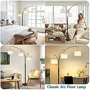Arc Floor Lamps for Living Room, 3-Light Dimmable Tall Standing Floor Lamp with Adjustable Hanging Beige Shades, Modern Mid Century Floor Lamp with Marble Base for Bedroom Office, 3 LED Bulbs Included
