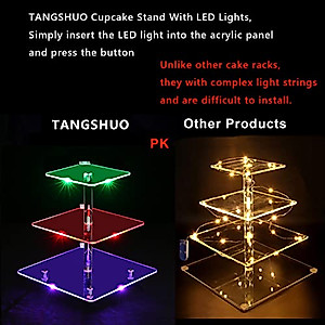 TANGSHUO 3 Tiers Square Acrylic Cupcake Stands with Rechargeable LED Light, Clear Cupcake Tower - Dessert Tower - Cupcake Tier Stands for Weddings, Anniversaries, Baby Showers, Birthday Parties