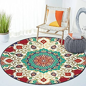 Round Rug Turquoise red Seamless Mandala Ornament Traditional Indian Motifs Circle Area Rug 6ft Non-Slip Carpet Indoor Outdoor for Living Room Bedroom Nursery Kitchen Washable Throw Rug Floor Mat