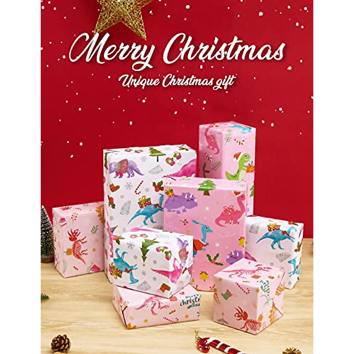 Christmas Dinosaur Wrapping Paper 10 Sheets 20" x 27" Pink Christmas Wrapping Paper Flat Fold Christmas Gift Wrap Paper Pink Girls Wrapping Paper Kids Dinosaur Gift Wrap Dino Birthday Wrapping Paper