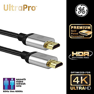 GE 4K HDMI Cable, 6 ft. Premium HDMI 2.0 High Speed 18 Gbps with Ethernet, 4K 60Hz, 1440p 1080p 120Hz, HDR, for HDTV, Streaming, Blu-ray, Gaming, PS4 Pro PS5 Xbox, 33512