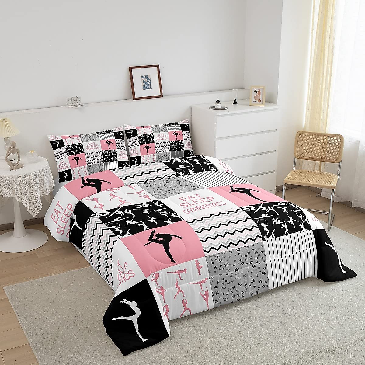 Gymnastics Girls Comforter Set Twin Size Pink Black Geometric Plaid Bedding Set 2pcs for Kids Women Gymnast Youth Bedroom Sports Dancing Quilt Set Modern Stripes Duvet Insert,1 Pillowcase