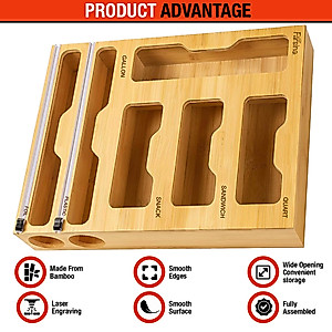 Kitchen Bag Storage Organizer 6 in1 Bamboo Foil and Plastic Wrap Dispenser with Cutter for Kitchen Drawer Suitable for Gallon Quart Sandwich Snack Bag