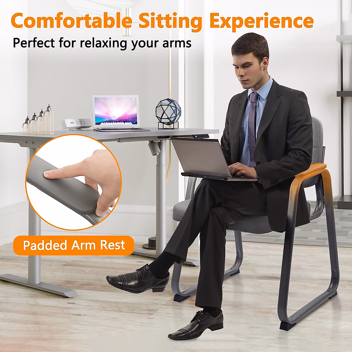 CLATINA Waiting Room Chairs with Padded Arms Leather Guest Chair no Wheels for Office Reception and Conference Desk with Sled Base Grey