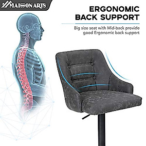 MAISON ARTS Swivel Adjustable Bar Stool with Back for Kitchen Counter Padded Counter Height Faux Leather Bar Chair with Heavy Duty Base for Pub Cafe Dining, 300LBS Weight Capacity, Grey, 1 Stool