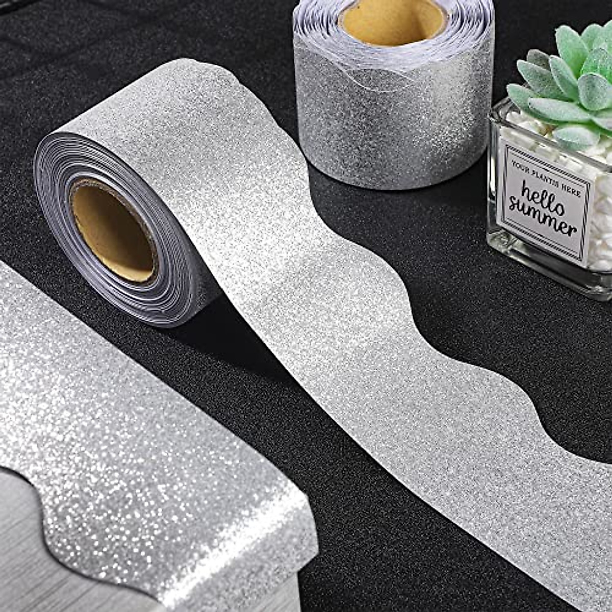 131Ft Silver Glitter Bulletin Board Borders Silver Scalloped Bulletin Board Trims Shiny Decorative Border Trims Sparkle Self-Adhesive Bulletin Stickers for Classroom School Home Office Blackboard Desk