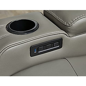 Signature Design by Ashley Backtrack Contemporary Tufted Leather Power Reclining Sofa with Adjustable Headrest, Light Gray