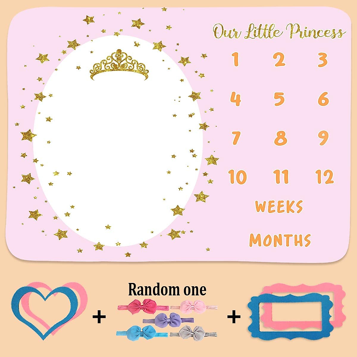 PHMOJEN Monthly Milestone Blanket for Baby Girl, 48"x40" Soft Flannel Pink Princess Memory Growth Blanket, Photography Backdrop Prop for Newborn Baby Shower, 1 to 12 Months Include Marks BTLSPH819