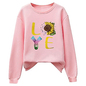 Casual Tops for Women Cute Printed Round Neck Long Sleeve Pullover Plus Size Loose Fit Autumn Outwear Sweatshirt Blouse Pink