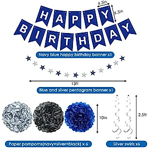 RUBFAC 60pcs Birthday Party Decorations for Men Boys Navy Blue Party Decor Silver Confetti Balloons Foil Balloons, Flower Pompoms, Birthday Banner for 16th 20th 25th 30th 35th 40th 50th 60th 70th