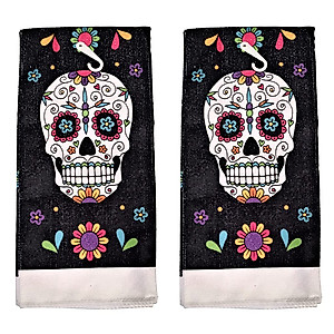 Hand Towel Set 2 Pack Decorate Your Kitchen Décor – Home Décor -Bath Towels Kitchen Linens (Day of The Dead Sugar Skulls)