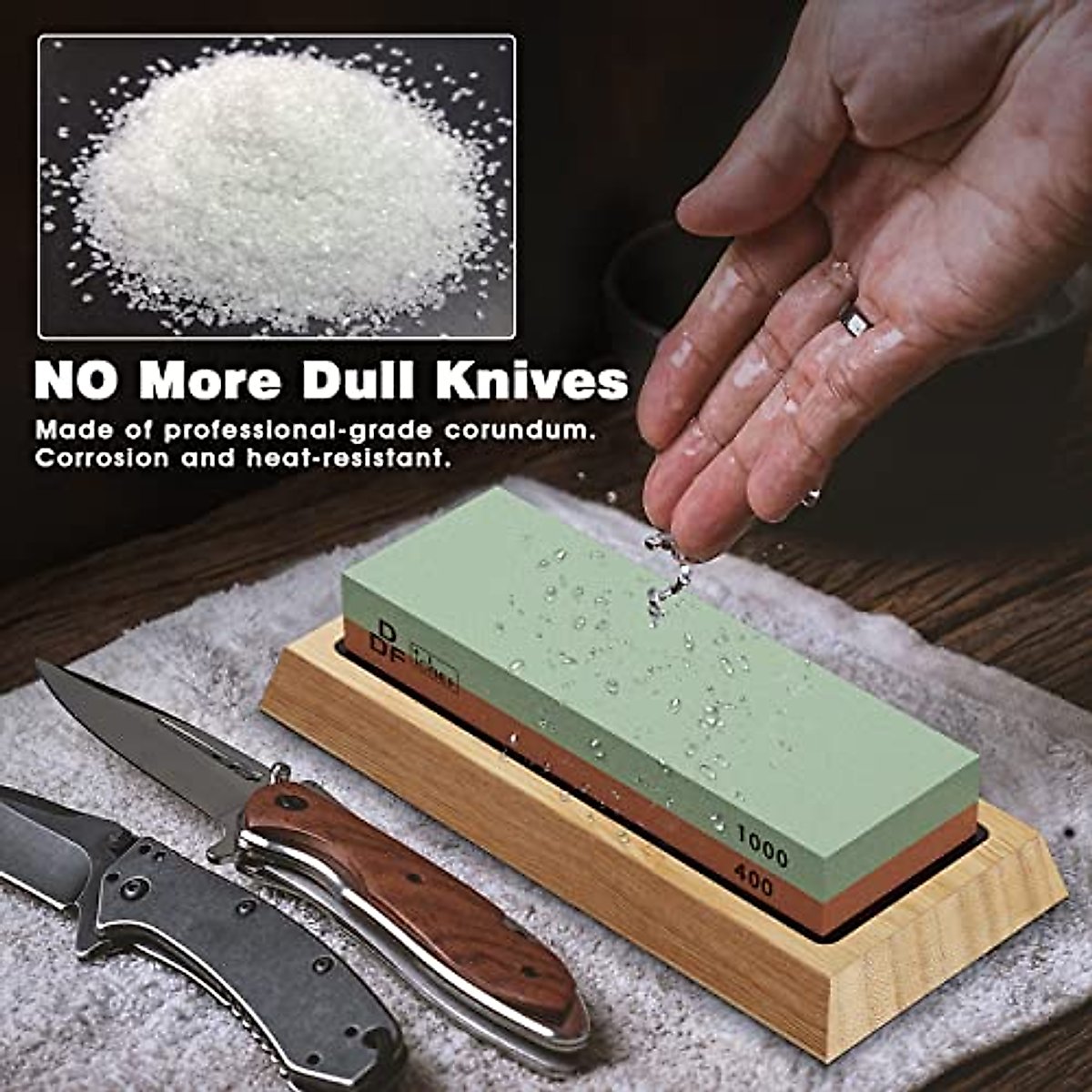 DDF iohEF Whetstone Sharpening Stone Kit 4 Side Grit 400/1000 3000/8000 Wet Stone Knife Sharpeners Set with Axe Sharpening, Angle Guide, Flattening Stone, Leather Strop, Non-Slip Bamboo Base
