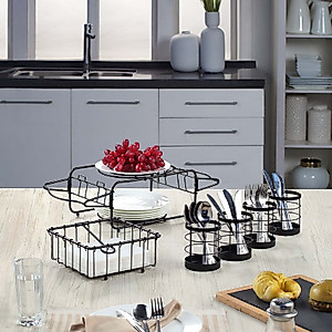 Giftburg Farm Buffet Caddy Tabletop Organizer, Flatware Napkin and Plate Picnic Caddy Stackable Serving Set, Black