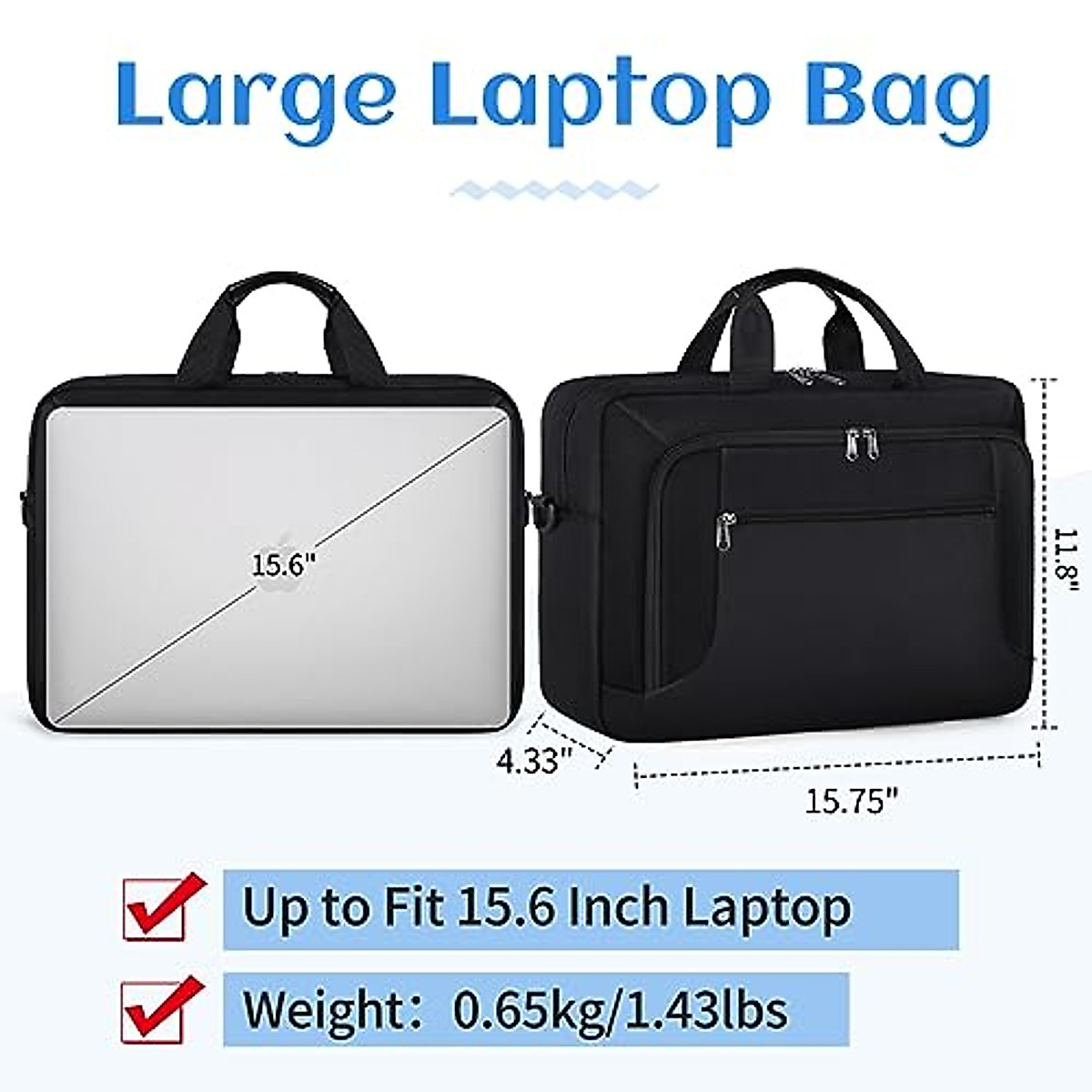 Laptop Bag 15.6 Inch Laptop Briefcase Computer Bag for Men Women Waterproof Business Office Work Large Laptop Case 15.6 Inch Adjustable Shoulder Messenger Bag Black