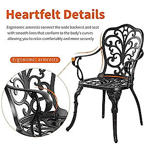 Withniture Bistro Set 3 Piece Outdoor, Round Bistro Table and Chairs Set of 2, Cast Aluminum Patio Bistro Sets with Umbrella Hole Outdoor Furniture for Garden, Porch, Black