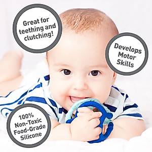 OgoBolli Gummi Teething Ring Textured Sensory Ball Toy for Babies & Toddlers - Stretchy, Soft Non-Toxic Silicone - Age 6+ Months - Blue Blueberry