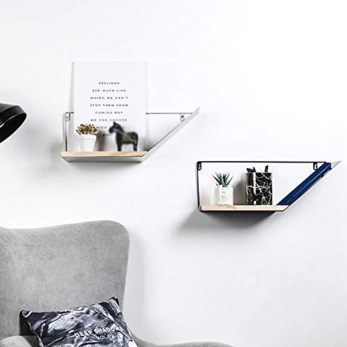 PIBM Stylish Simplicity Shelf Wall Mounted Floating Rack Shelves Metal Solid Wood Fashion Bookshelf Coffee Shop Save Space,2 Colors, Grey , 56x15x21cm
