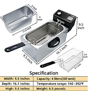 Deep Fryer with Basket, 4.2 Qt Electric Deep Fat Fryer for Home Use, Stainless Steel Countertop Oil Fryer Pot for Chicken, Fries, Fish, Shimp and More, 4 L Capacity with Temperature Control