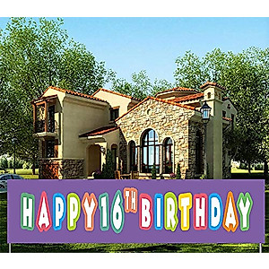 Purple Happy 16th Birthday Banner, 16th Birthday Party Sign, 16 Bday Party Supplies Decorations