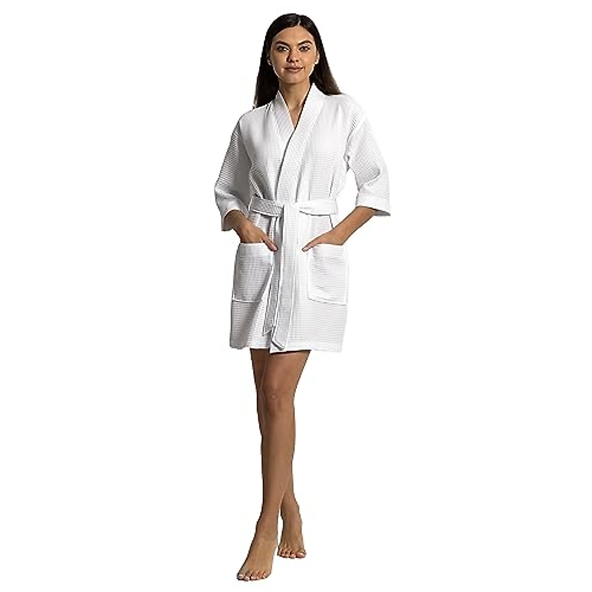 Chakir Turkish Linens Lightweight - Quick Dry Waffle Knit Bath, Spa and Bridesmaids Kimono Short Robe (White, One Size)