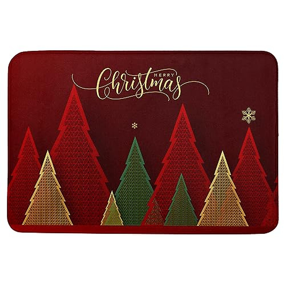 Door Mat Red Yellow Green Trees Memory Foam Cushioned Kitchen Rug, 16x24 Inch Water Absorbent Soft Touch Standing Mat for Bathroom, Office, Sink, Laundry, Home Merry Christmas Snowflakes