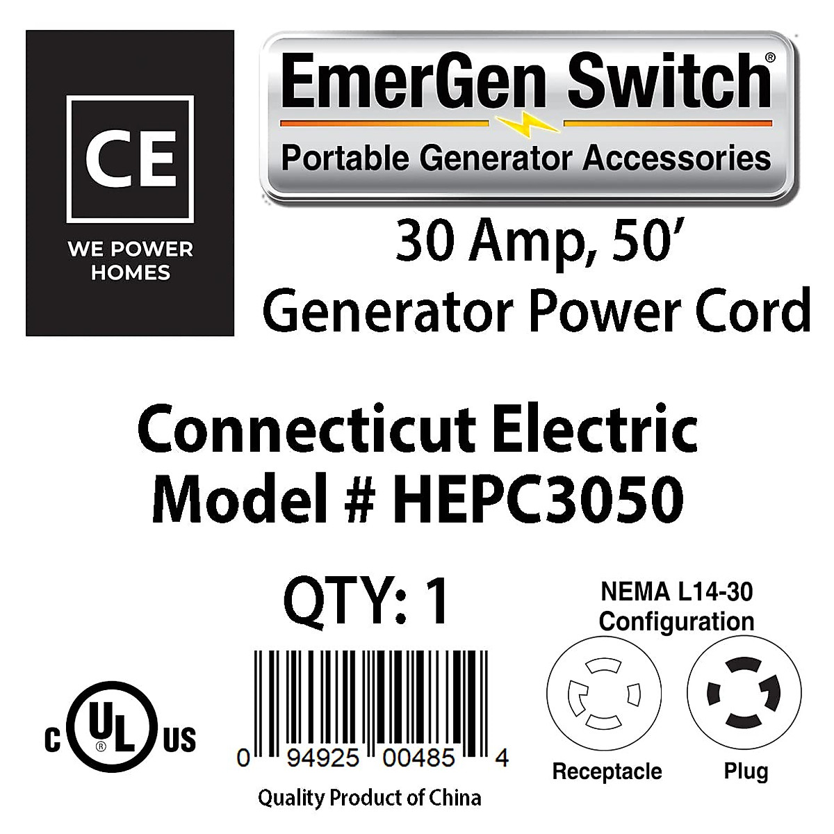 Connecticut Electric 50 Foot Generator Power Extension Cord, 30 Amp, 4 Prong, NEMA L14-30P (Male), NEMA L14-30R (Female)