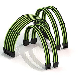 LINKUP - AVA 30cm PSU Cable Extension Sleeved Custom Mod GPU PC Braided w/Comb Kit | 1 x 24 P (20+4) | 2 x 8 P (4+4) CPU | 2 x 8 P (6+2) GPU Set | 300mm - GreenBlack