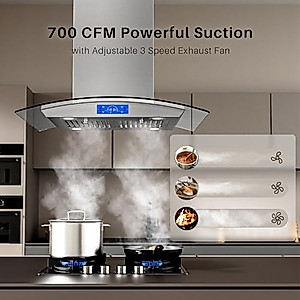 FIREGAS Island Range Hood 30 inch 700 CFM with Chimney, Ceiling Mount Kitchen Vent Hood with Tempered Glass, 4 LED Lights, Permanent Filters, Premium Touch Control Panel, Includes Charcoal Filter