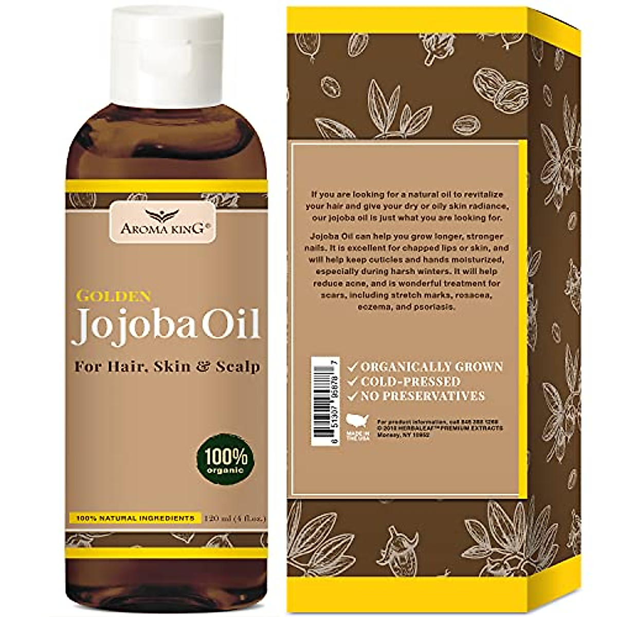 aroma king 100% Pure Organic Jojoba Oil - Natural Unrefined, used to Moisturizer Face, Hair, Skin, Nails, Cuticles, Stretch Marks & Sensitive Skin 4 Fl Oz. (120 ML) (4 Fl Oz)