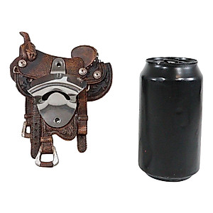 Ebros Gift Western Cowboy Farm Country Rustic Horse Saddle in Faux Tooled Leather Finish Wall Mounted Soda Beer Glass Bottle Cap Stainless Steel Metal Opener Sculpture Man Cave Accent