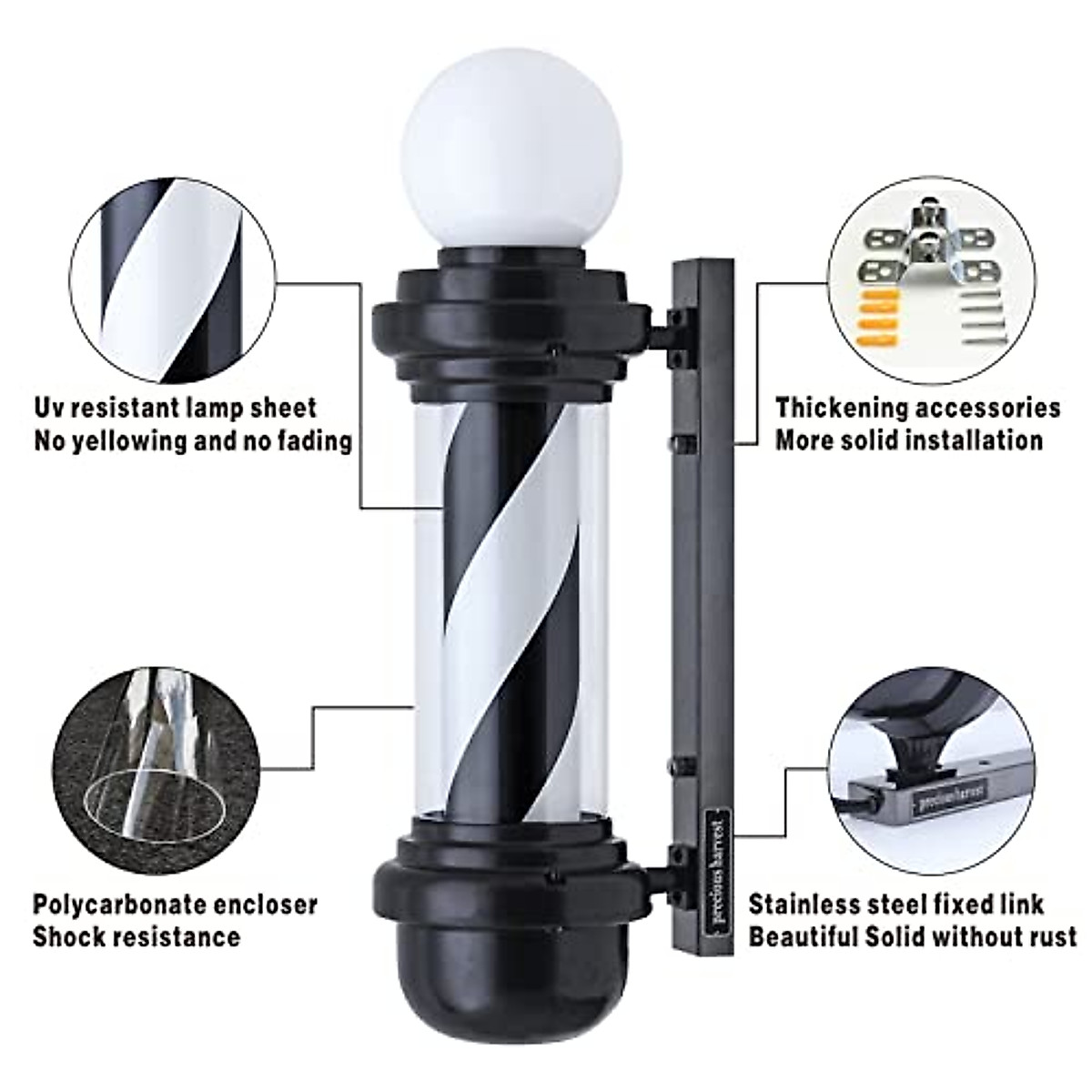 precious harvest Barber Pole 26.8 in,LED Light Source,Upper Luminous,Black and White Barbershop Rotating Light Fixture, Classic Signs for Hair Salon,Wall Mount