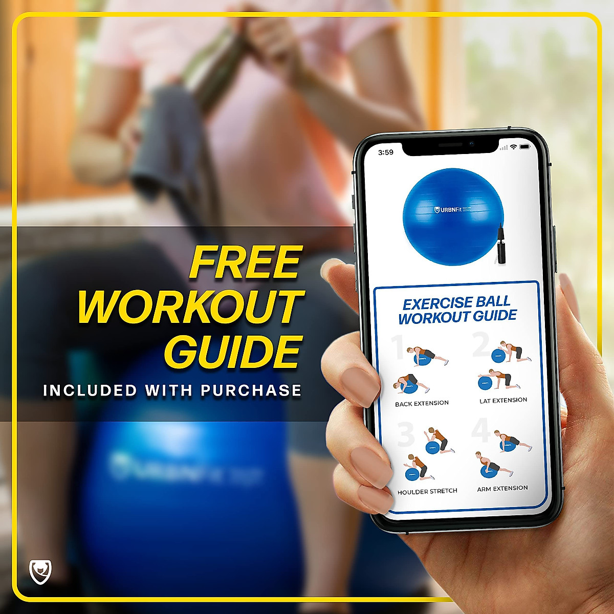 URBNFit Exercise Ball - Yoga Ball in Multiple Sizes for Yoga, Pilates, Pregnancy, Stability - Anti-Burst Swiss Balance Ball w/Quick Pump – Office Ball Chair for Home and Gym – 34 Inch - Black