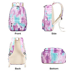 Imyth 3Pcs colorful Backpack sets for Teen Girls, Cute Bookbag School Daypacks for Elementary Middle Students (Tie dye-Purple)