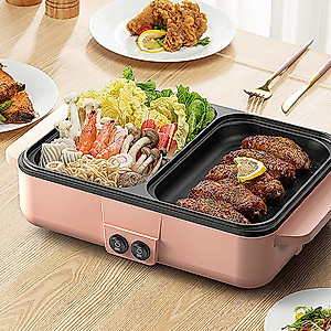 Mini Electric Grill and Hot Pot, 2 in 1 Portable Electric Hot Pot Barbecue Grill Non-Stick Teppanyaki Pan 110V Multifunction Nonstick Griddle & Hot Pot for Steak, Shabu, BBQ - Pink (Pink)