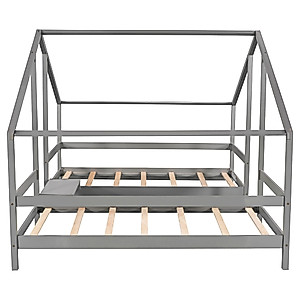 RUNWON Double Twin Size House Platform Bed, House-Shaped Sharing Daybed Frame with Built-in Desk and Safety Guard Rails for Kids Teens Adults, Grey