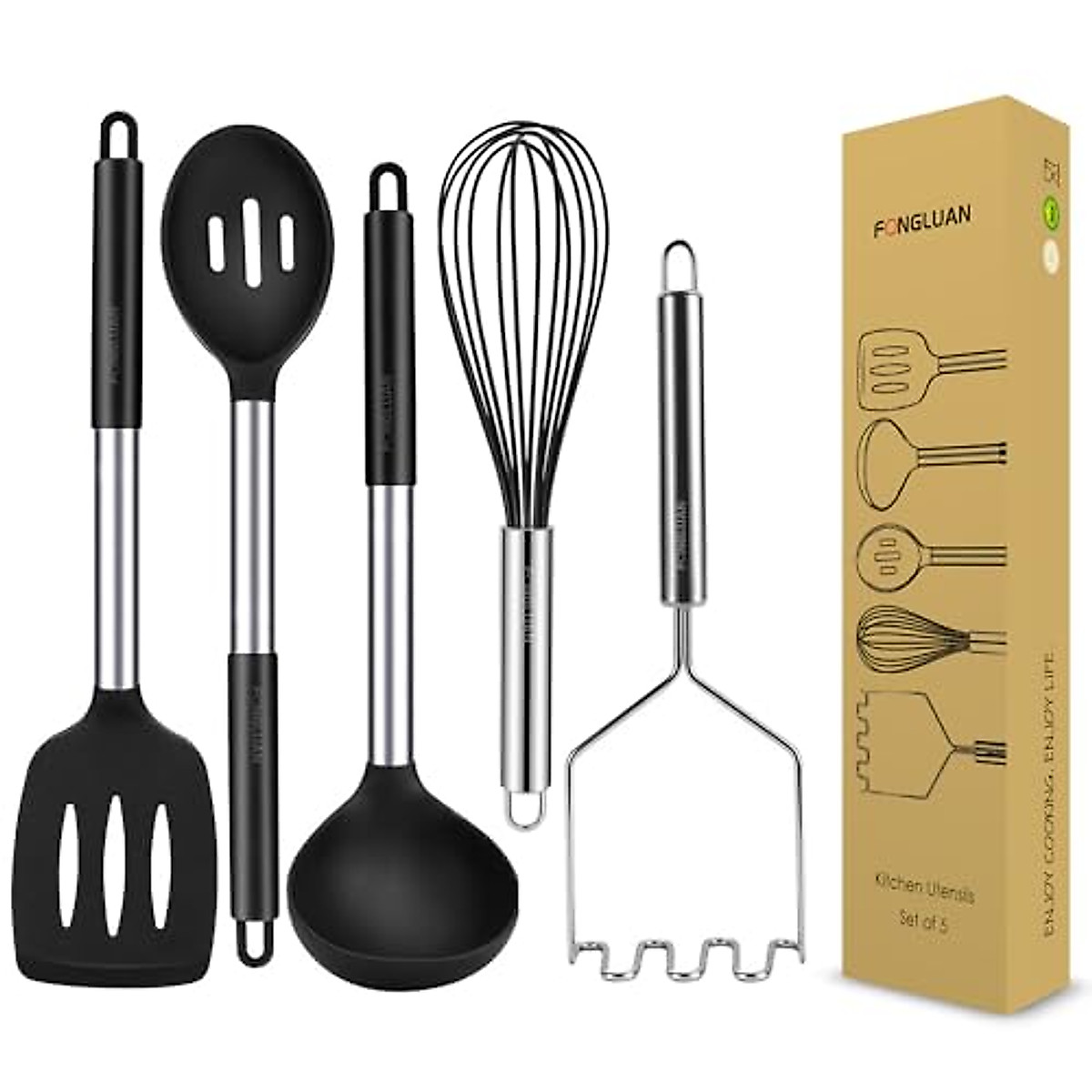 FONGLUAN Kitchen Utensils, Set of 5, Silicone Cooking Utensils Set with Stainless Steel Handle, Turner/Spatula, Spoon, Ladle, Whisk, Masher, Heat Resistant, Nonstick Cookware, Dishwasher Safe, Black