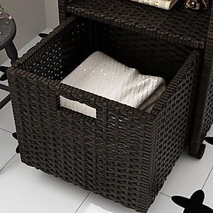 Lovinouse Outdoor Towel Storage Cabinet,Pool Towel Organizer with Shelves & a Drawer,Waterproof Wicker Towel Holder with Rolling Wheels for Outside,Patio,Garden,Poolside,Backyard, Porch,Brown