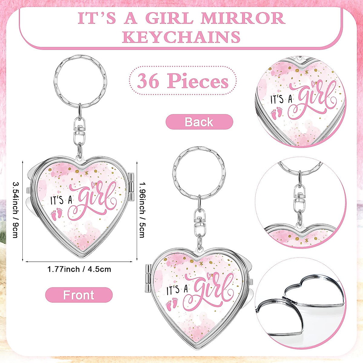 Wesiti 108 Pcs Baby Shower Favors 36 Heart Shaped Mirrors Keychain Thank You Tags 36 Organza Bags for Baby Shower