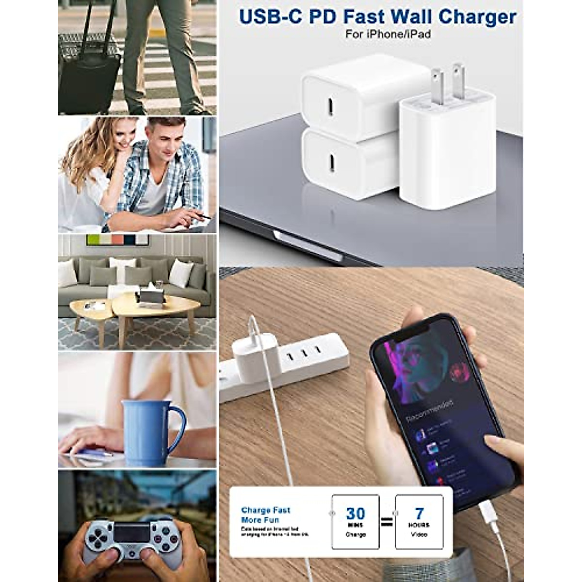Apple Charger, 3Pack USB C Charger Block [Apple MFi Certified] USB C Wall Charger PD 3.0 USB C Adapter with Type C Charger Fast Charging Plug for iPhone 14/13/12/11/X, iPad/iPad Pro/iPad Mini/iPad Air