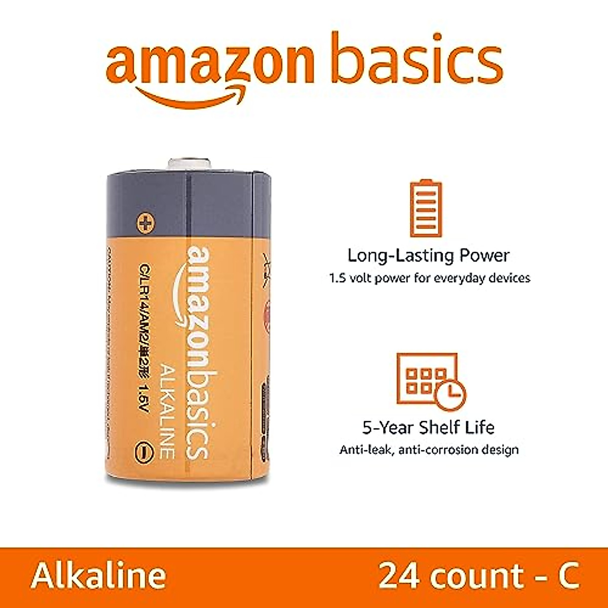 Amazon Basics 24-Pack C Cell Alkaline All-Purpose Batteries, 1.5 Volt, 5-Year Shelf Life