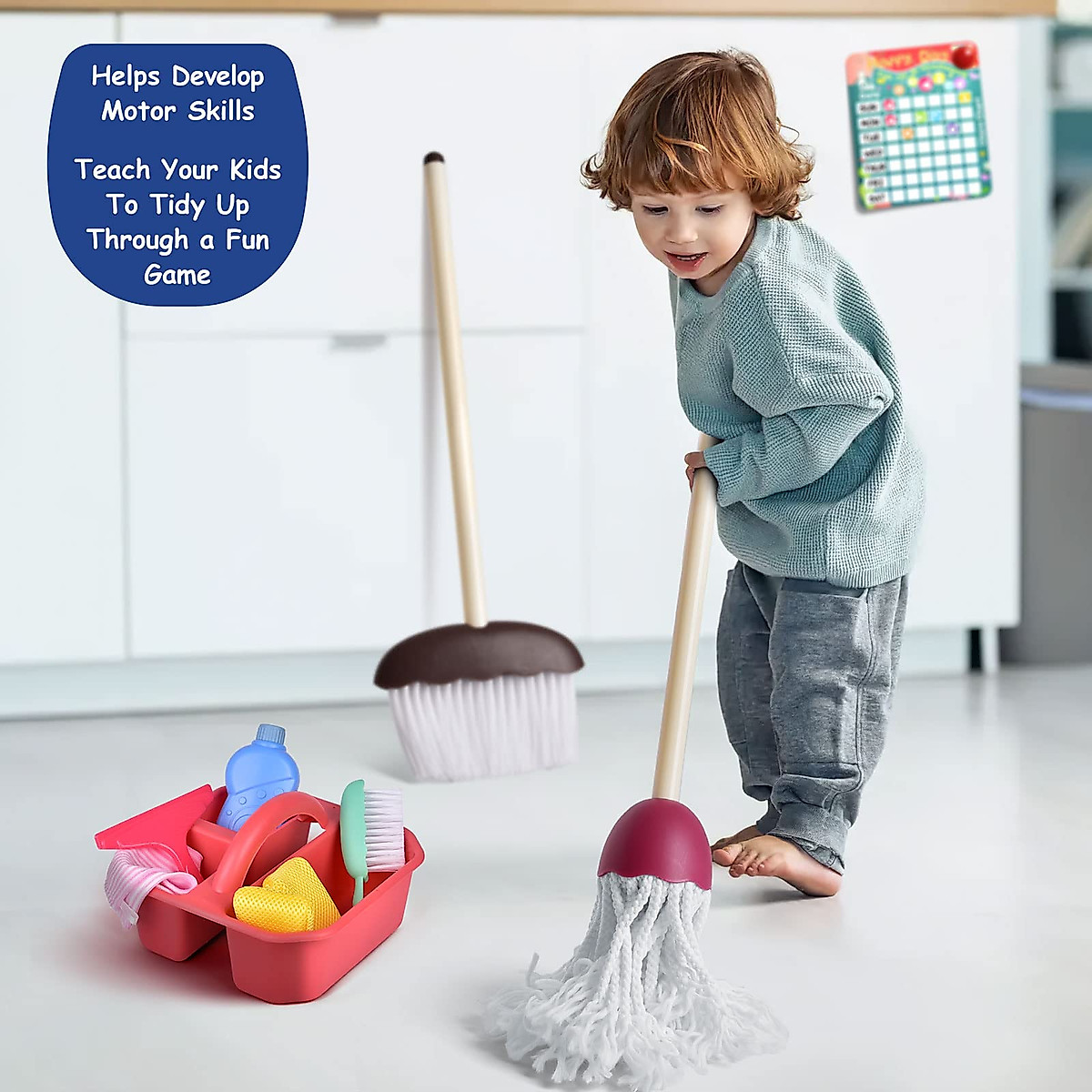 15 PCs Kids Cleaning Set, Play Cleaning Toy Set Includes Broom, Mop, Brush for Toddlers, Child Size Pretend Play House Cleaning Set, Housekeeping Supplies, Learning Toys, Birthday Gifts